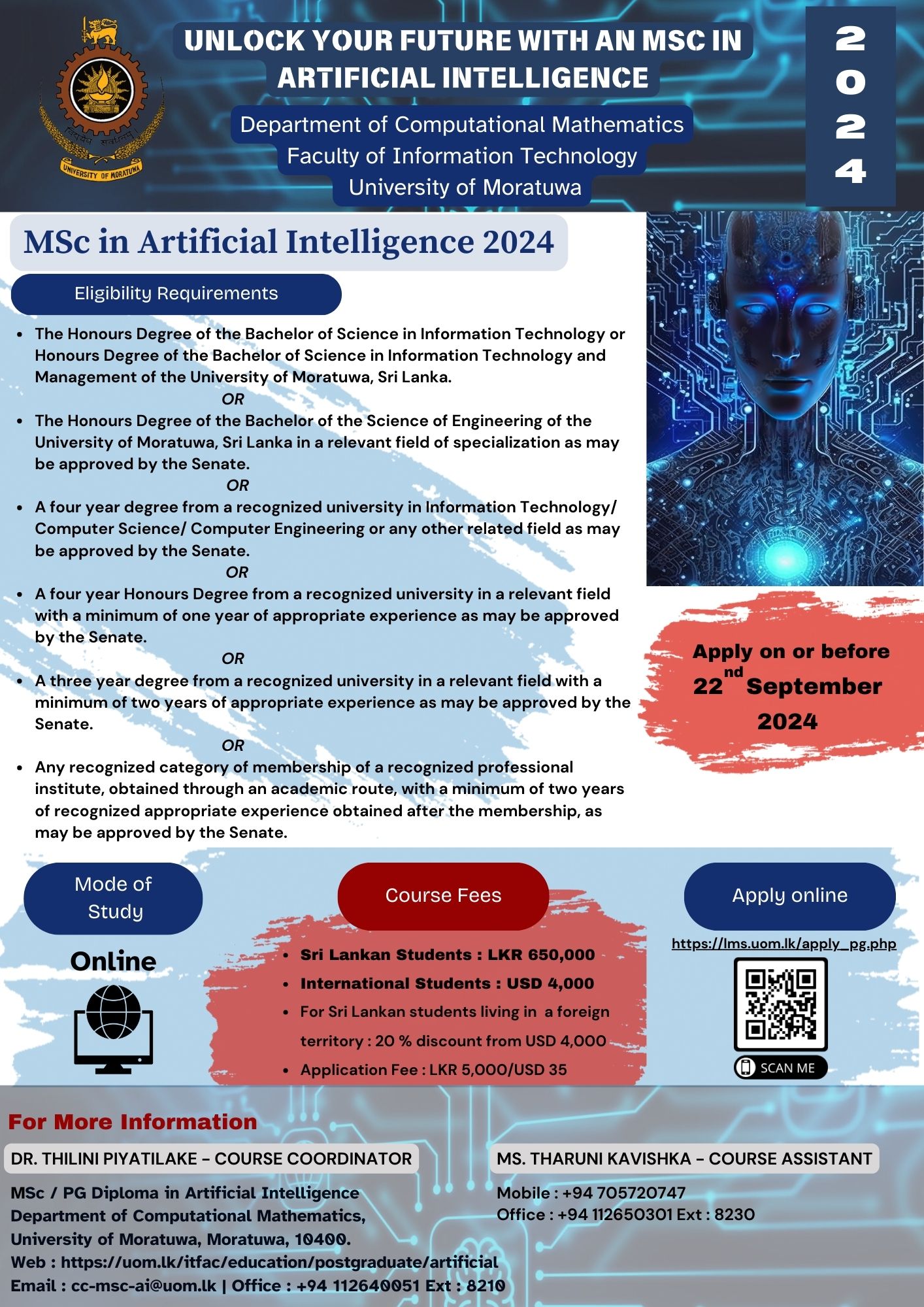 Application Call for MSc in Artificail Intellegence 2024 | University of Moratuwa